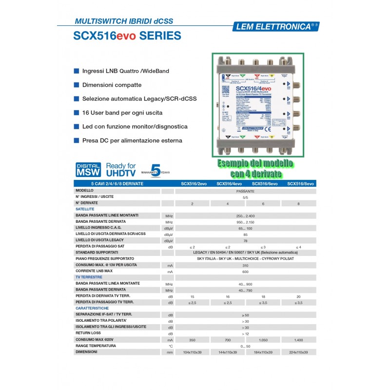 LEM Elettronica SCX516/6evo Multiswitch Ibrido Passante 6 uscite dCSS ...